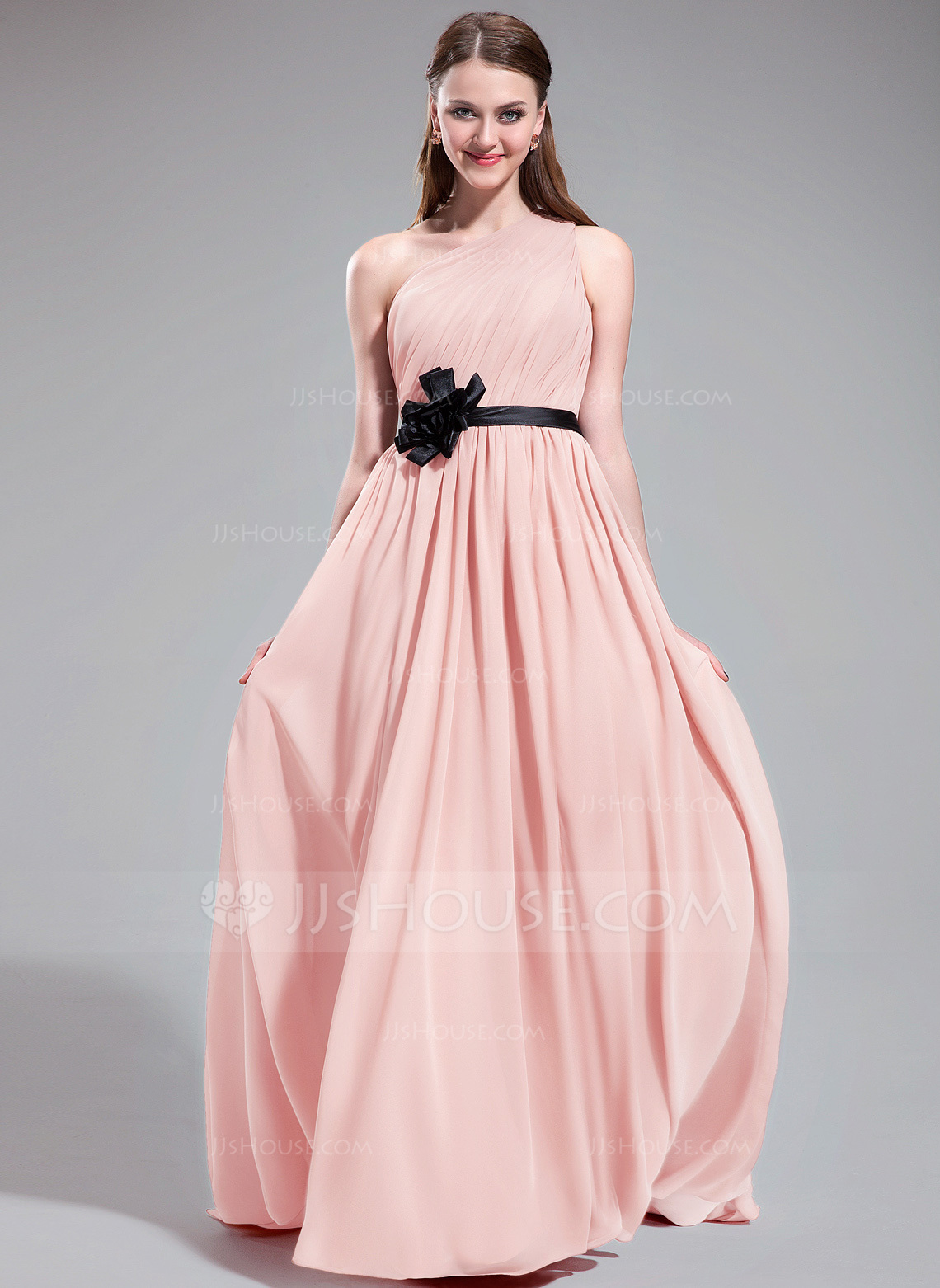 A Line Princess One Shoulder Sweep Train Chiffon Bridesmaid Dress With